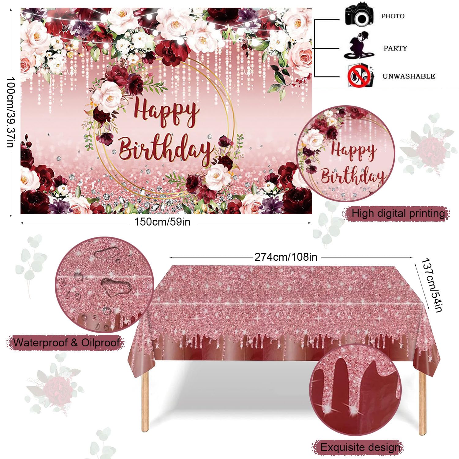 Yancan Floral Happy Birthday Decorations Women Birthday Party Supplies Including Flower Birthday Backdrop, Burgundy Rose Gold Balloons Garland Arch Kit, Tablecloth, Cupcake Toppers for Girls