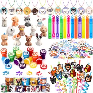 winrayk 132pcs puppy dog party favors birthday supplies straws dog figures necklace paw print stamp bubble wand bracelet dog paw stickers kids boys girls puppy party favors dog birthday party supplies