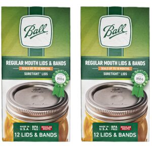 Regular Mouth, 12 Lids with Bands per Pack - (2 Pack) - Ball Regular Mouth Lids and Bands - Canning Lids and Bands Regular Mouth For Ball, and Kerr Mason Jars + M.E.M Rubber Jar Opener Included