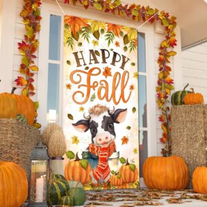 Happy Fall Door Cover Fall Party Decorations Baby Cow with Scarf Fall Festival Decorations Pumpkin Door Banner for Autumn Harvest Thanksgiving Party Supplies