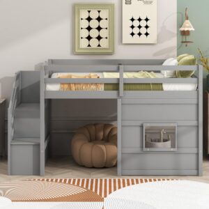 Low Loft Bed with Stairs, Twin Size Storage Loft Bed Frame with Staircase and Window, Wood Kids Loft Bed with Steps for Boys Girls Teens, Gray