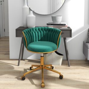 goolon velvet desk chair, modern office chair with wheels, home swivel vanity armchair with woven back comfy height adjustable seat sturdy golden metal rolling base for makeup bedroom, dark green