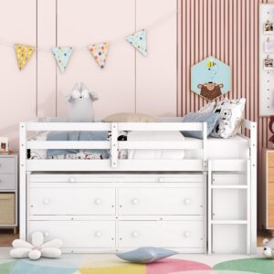 Low Loft Bed with Desk and Storage, Full Size Kids Loft Bed Frame with 4 Drawers and Rolling Portable Desk for Children and Teens, Boys, Girls, White