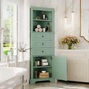 fuhomtre triangle tall corner cabinet drawers and adjustable shelves tall hutch corner bar cabinet with door for kitchen green