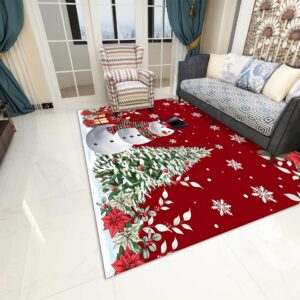 HONGXIU Christmas Red Area Rug, 5x8ft, Christmas Tree Rug, Christmas Snowman and Snowflake Winter Rug, Suitable for Dining Room Bedroom Kitchen Corridor Non-Slip Easy to Clean