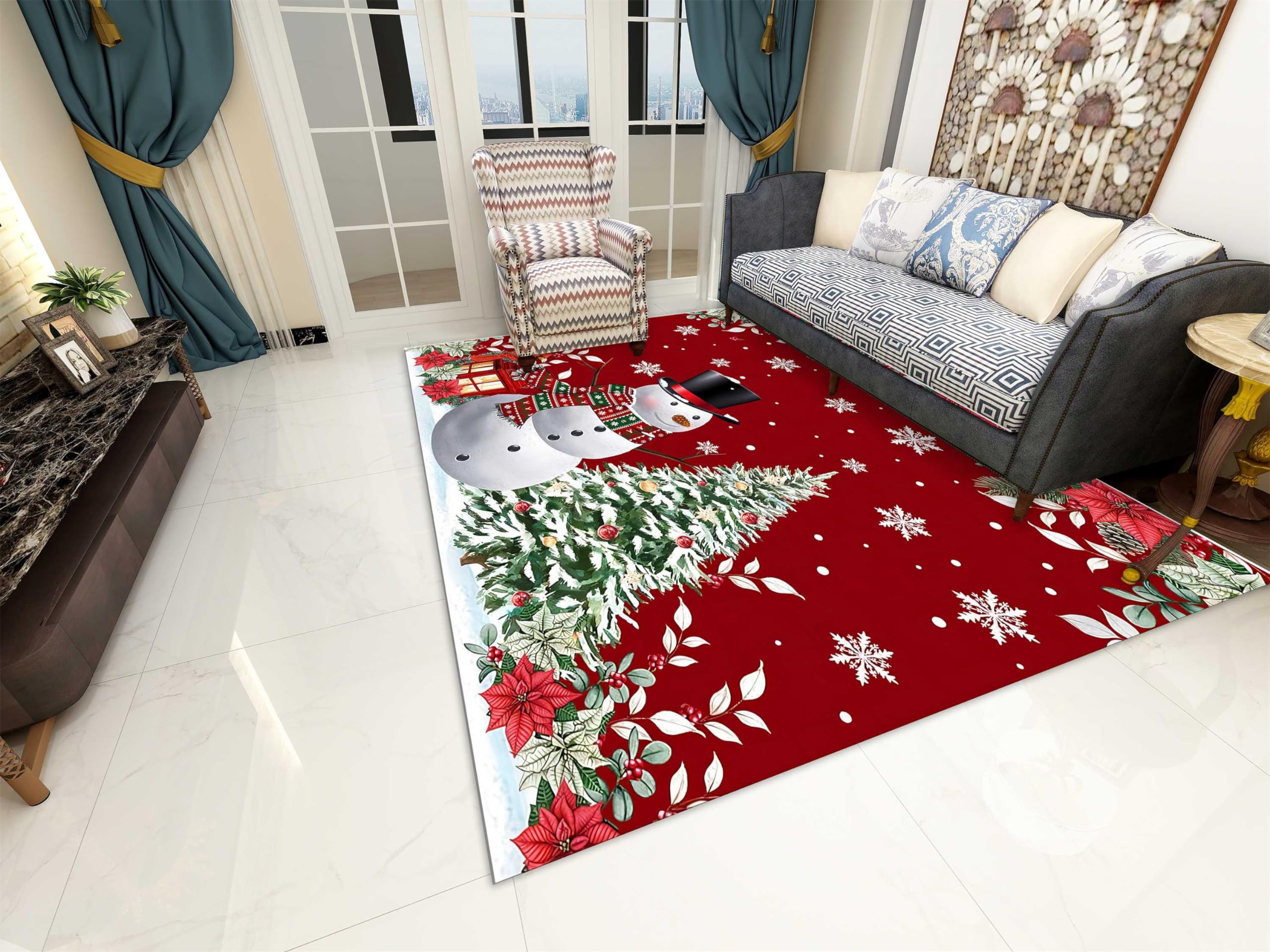 HONGXIU Christmas Red Area Rug, 5x8ft, Christmas Tree Rug, Christmas Snowman and Snowflake Winter Rug, Suitable for Dining Room Bedroom Kitchen Corridor Non-Slip Easy to Clean