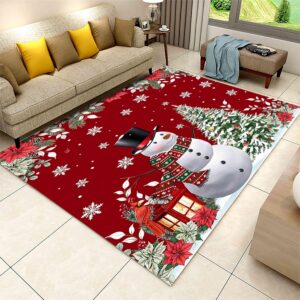 hongxiu christmas red area rug, 5x8ft, christmas tree rug, christmas snowman and snowflake winter rug, suitable for dining room bedroom kitchen corridor non-slip easy to clean