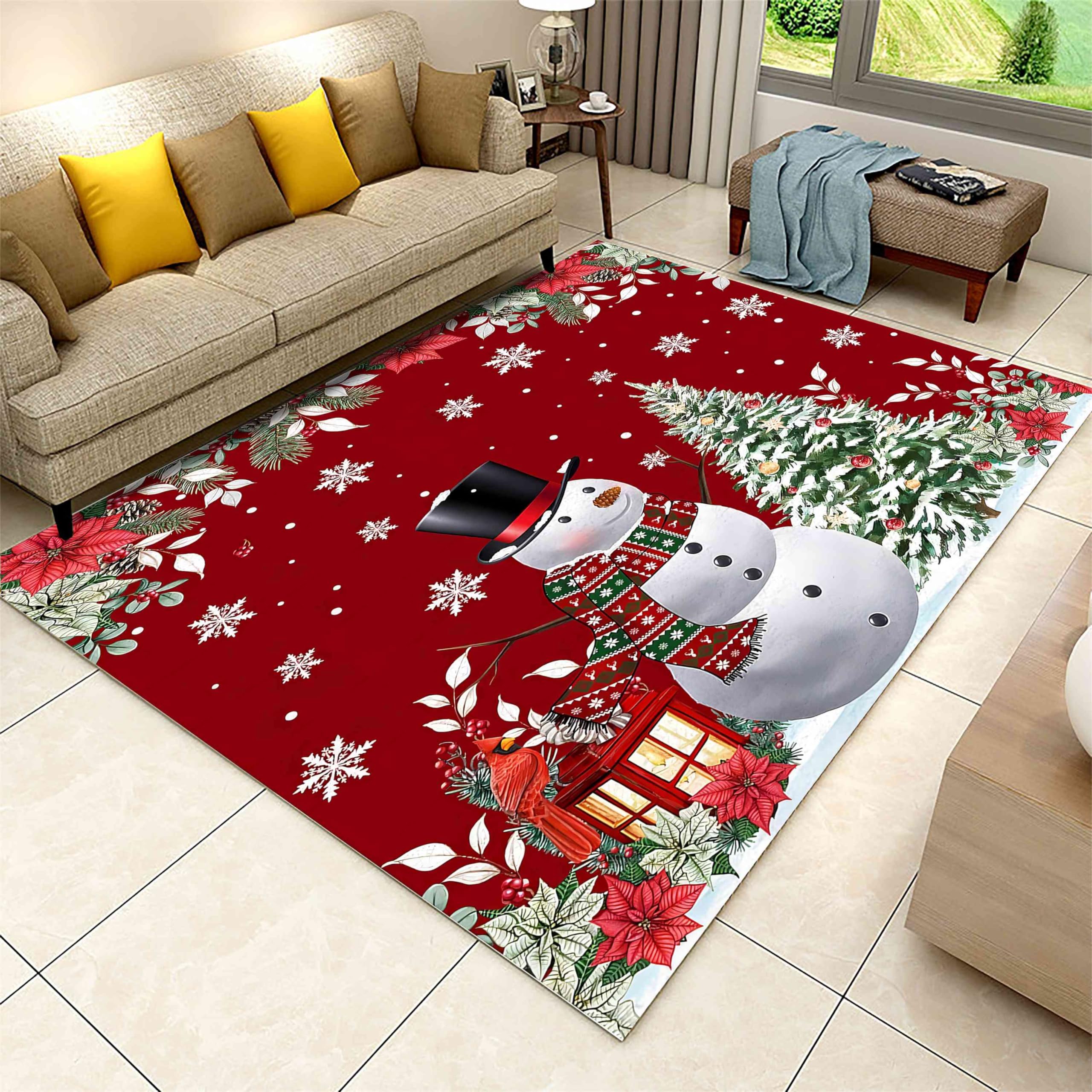 HONGXIU Christmas Red Area Rug, 5x8ft, Christmas Tree Rug, Christmas Snowman and Snowflake Winter Rug, Suitable for Dining Room Bedroom Kitchen Corridor Non-Slip Easy to Clean