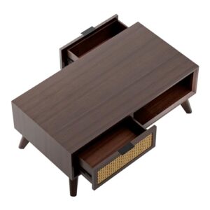 bme modern solid wood coffee table with storage, accent rattan design, perfect for living room, walnut, medium