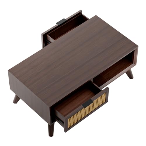 Bme Modern Solid Wood Coffee Table with Storage, Accent Rattan Design, Perfect for Living Room, Walnut, Medium