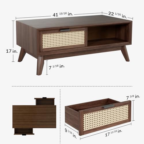 Bme Modern Solid Wood Coffee Table with Storage, Accent Rattan Design, Perfect for Living Room, Walnut, Medium