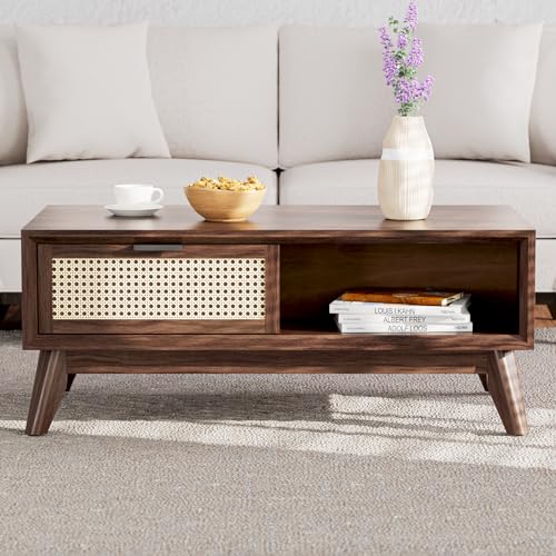 Bme Modern Solid Wood Coffee Table with Storage, Accent Rattan Design, Perfect for Living Room, Walnut, Medium