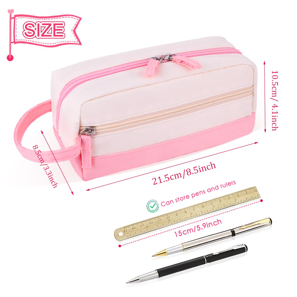 Oyachic Big Capacity Pencil Case Double Zipper Pen Pouch Organizer Storage Cosmetic Makeup Bag with Handle for Adults Women Office (Pink)