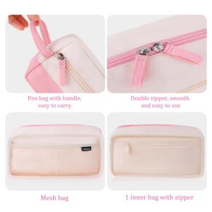 Oyachic Big Capacity Pencil Case Double Zipper Pen Pouch Organizer Storage Cosmetic Makeup Bag with Handle for Adults Women Office (Pink)