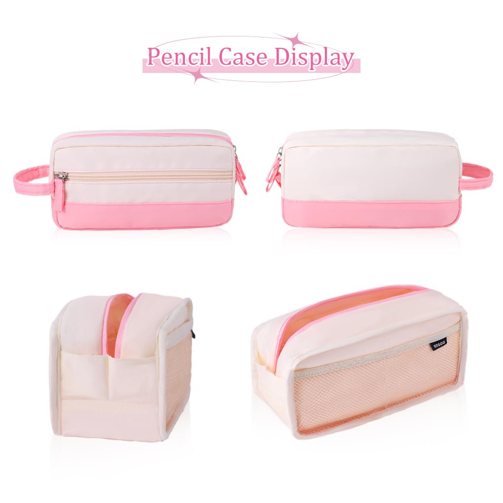 Oyachic Big Capacity Pencil Case Double Zipper Pen Pouch Organizer Storage Cosmetic Makeup Bag with Handle for Adults Women Office (Pink)