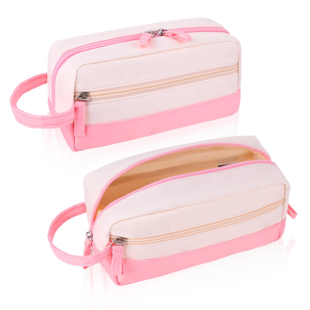 Oyachic Big Capacity Pencil Case Double Zipper Pen Pouch Organizer Storage Cosmetic Makeup Bag with Handle for Adults Women Office (Pink)