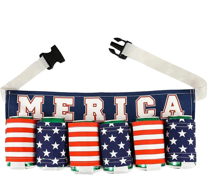 Beer Belt,Fourth of July American Patriotic Beer Gift For Men,6 Pack Insulated Beer Holder, Novelty USA Beer Soda Can Holster.Beer Accessories For White Elephant Party Festival Holiday Game Night