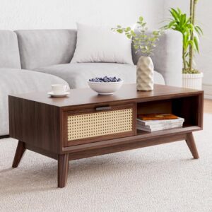 Bme Modern Solid Wood Coffee Table with Storage, Accent Rattan Design, Perfect for Living Room, Walnut, Medium