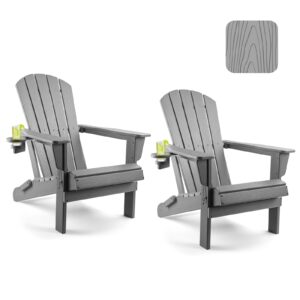 olymsold folding adirondack chair set of 2, plastic adirondack chairs wood texture, fire pit chairs for outside, weather resistant composite adirondack chair with cup holder