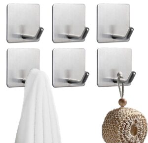 aobvrey adhesive hooks heavy duty, 6 packs towel hooks stainless steel wall hooks for hanging towels, loofahs, coats and hats (silver)