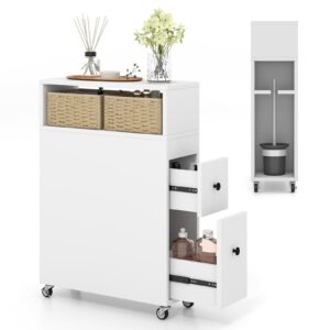 giantex small bathroom storage cabinet - slim bathroom organizer with wheels, 2 drawers, 2 baskets, brush holder, over the toilet storage cabinet for skinny corner, narrow spaces bathroom storage