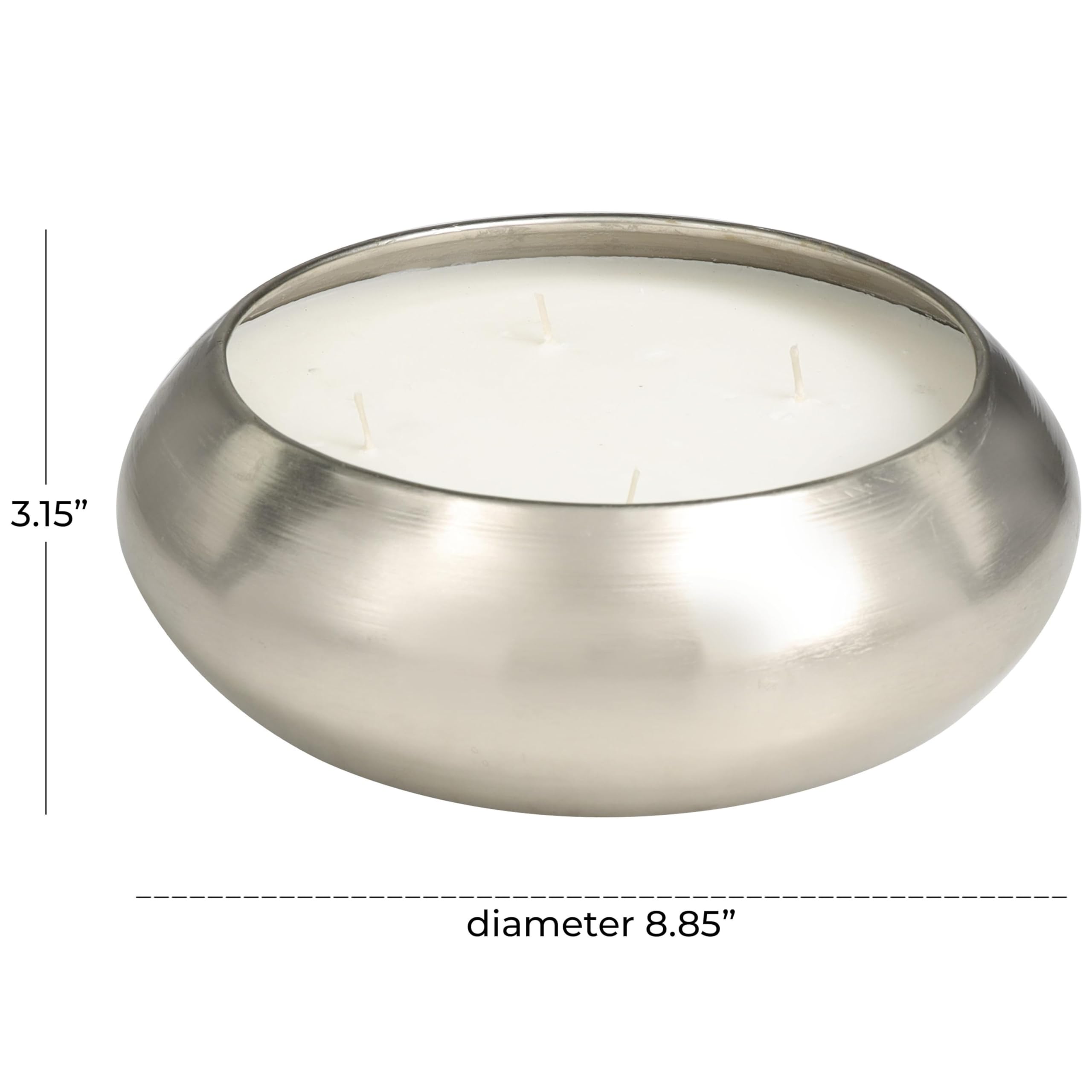 Deco 79 Metal Decorative Candle Sweet Bamboo Scented Wide Dome Shaped 60 oz 4 Wick Aromatherapy Candle with White Wax, Wax Aromatherapy Candle 9" x 9" x 3", Silver