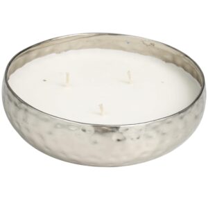 Deco 79 Metal Decorative Candle White Sage Scented Hammered 20 oz 3 Wick Aromatherapy Candle with White Wax, Wax Aromatherapy Candle 7" x 7" x 2", Silver