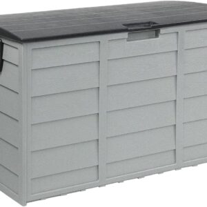 Patiomore Patio 75 Gallon Resin Deck Box, Organization and Storage, Outdoor Storage Container With Handles and Wheels, Waterproof Outdoor Storage Box (Grey)