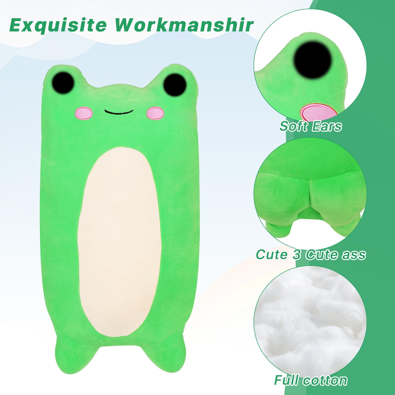 Cute Long Frog Plush Toy, 12Inch Adorable Green Frog Stuffed Animal with Butt, Frog Boby Pillow Kawaii Big Squishy Frog Plushies Hugging Throw Pillow Gift for Kids Girls Boys (Frog)