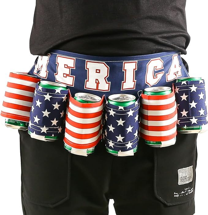 Beer Belt,Fourth of July American Patriotic Beer Gift For Men,6 Pack Insulated Beer Holder, Novelty USA Beer Soda Can Holster.Beer Accessories For White Elephant Party Festival Holiday Game Night