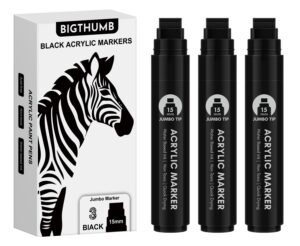 bigthumb 3 pcs black jumbo permanent markers: 15mm wide tip thick acrylic paint pen large calligraphy marker for rock painting, poster, sign, canvas, glass, wood, ceramic