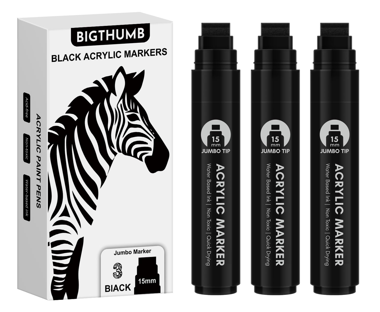 BIGTHUMB 3 Pcs Black Jumbo Permanent Markers: 15mm Wide Tip Thick Acrylic Paint Pen Large Calligraphy Marker for Rock Painting, Poster, Sign, Canvas, Glass, Wood, Ceramic