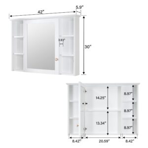 WELLFOR 42"x 30" Bathroom Medicine Cabinet with Mirror, Wall Mounted Storage Cabinet for Bathroom, Mirror Cabinet with Open/Built-in Shelves and Single Door, Bathroom Wall Cabinet with Mirror, White