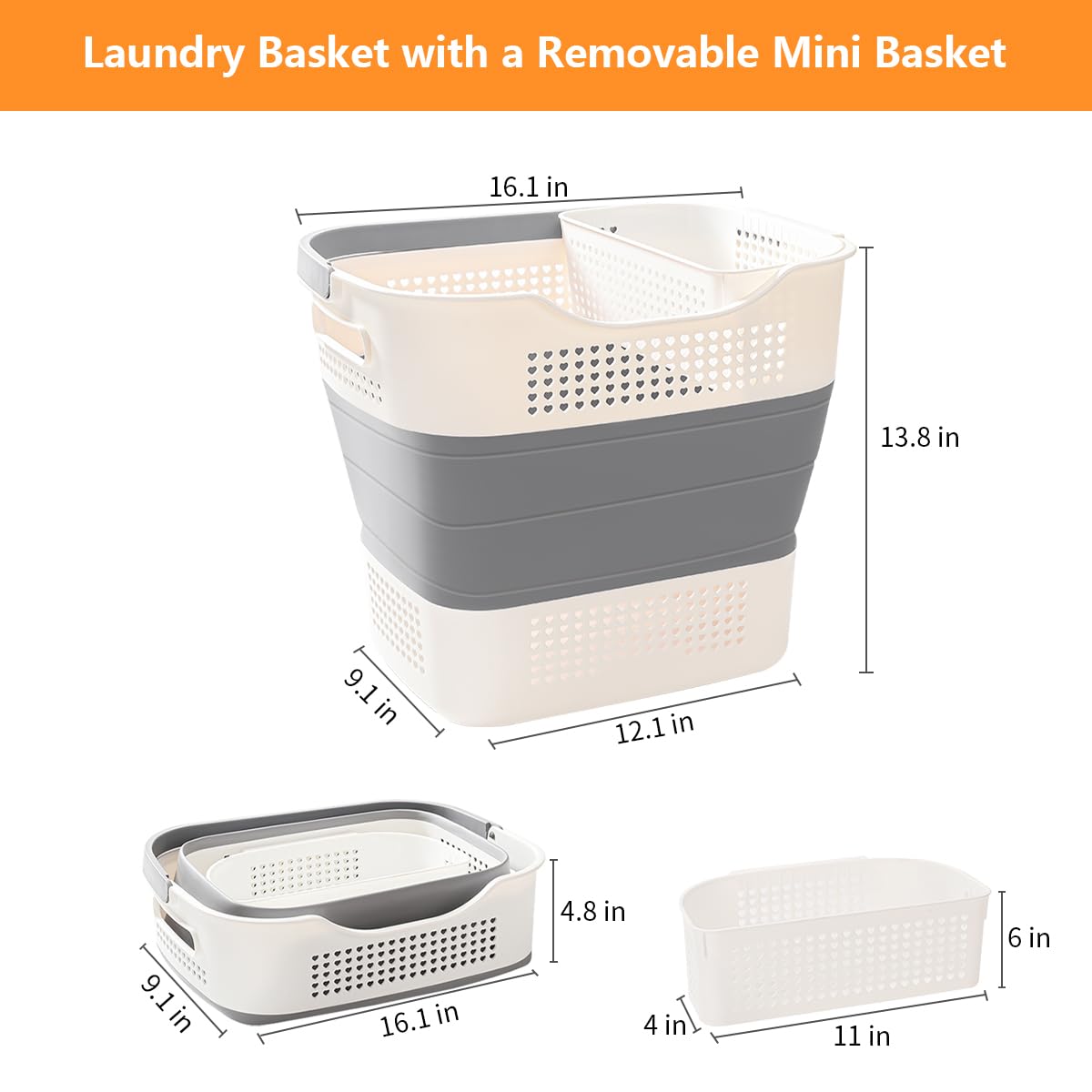 JOSUCLEN Collapsible Laundry Basket Plastic, 35L Foldable Laundry Basket for Small Spaces, Plastic Laundry Hamper with Handles, Pop up Laundry Basket Organizer Container（Gray）