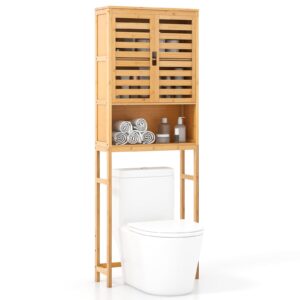 Tangkula Over The Toilet Storage Cabinet, Tall Natural Bamboo Bathroom Shelf Over Toilet with 2 Doors & Open Shelf, Freestanding Toilet Bathroom Space Saver, 24.5 x 9 x 67 Inch (Natural)