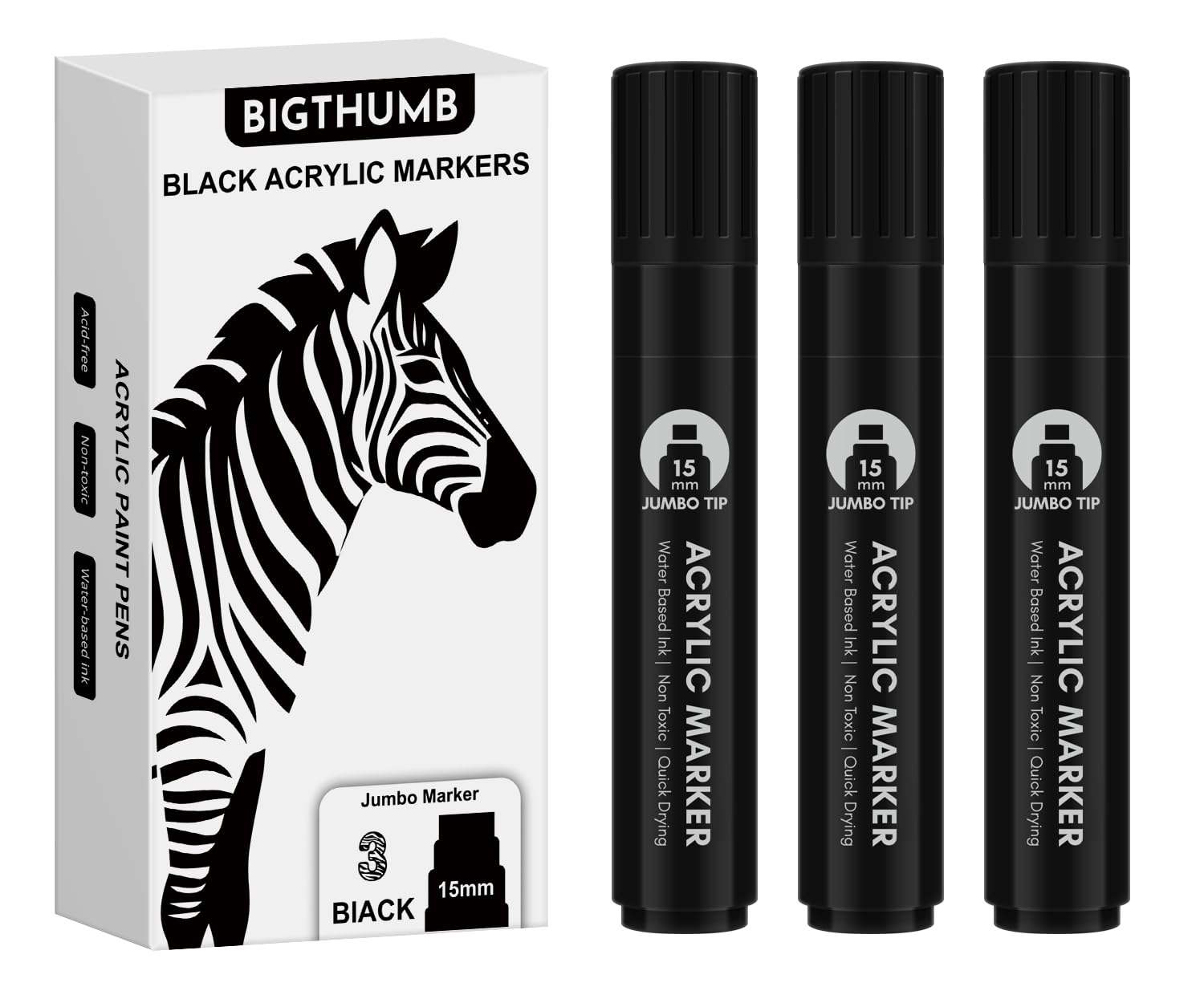 BIGTHUMB 3 Pcs Black Jumbo Permanent Markers: 15mm Wide Tip Thick Acrylic Paint Pen Large Calligraphy Marker for Rock Painting, Poster, Sign, Canvas, Glass, Wood, Ceramic