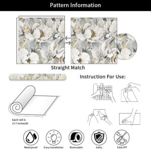 MuralPeel White Poppies Floral Modern Grey Peonies Flowers Peel and Stick Wallpaper Self Adhesive Removable Easy Peel Off Stick on Wall Paper for Bedroom Renter