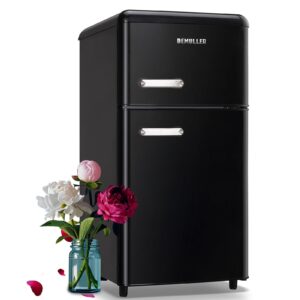 demuller 3.5 cu.ft black mini fridge 2 door compact refrigerator with freezer, small refrigerator with 7 adjustable temperature control, 2 removable glass shelves and 1 crisper drawer