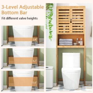 Tangkula Over The Toilet Storage Cabinet, Tall Natural Bamboo Bathroom Shelf Over Toilet with 2 Doors & Open Shelf, Freestanding Toilet Bathroom Space Saver, 24.5 x 9 x 67 Inch (Natural)