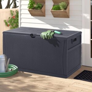 patiomore 120 gallon resin wicker patio storage box, outdoor storage container deck box and gar, grey