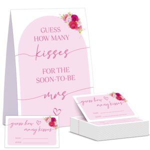 pink floral bridal shower game, guess how many kisses for the soon to be mrs, pack of 1 sign and 50 guessing cards, modern bridal shower decorations, wedding shower supplies - 01