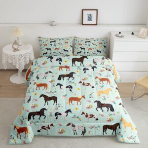 horse bedding set galloping horse comforter set for kids boys girls teens room decor cute animal decor floral comforter full size kawaii teal duvet set 3pcs