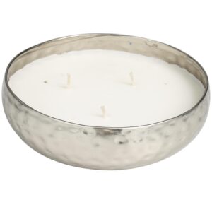 Deco 79 Metal Decorative Candle White Sage Scented Hammered 20 oz 3 Wick Aromatherapy Candle with White Wax, Wax Aromatherapy Candle 7" x 7" x 2", Silver