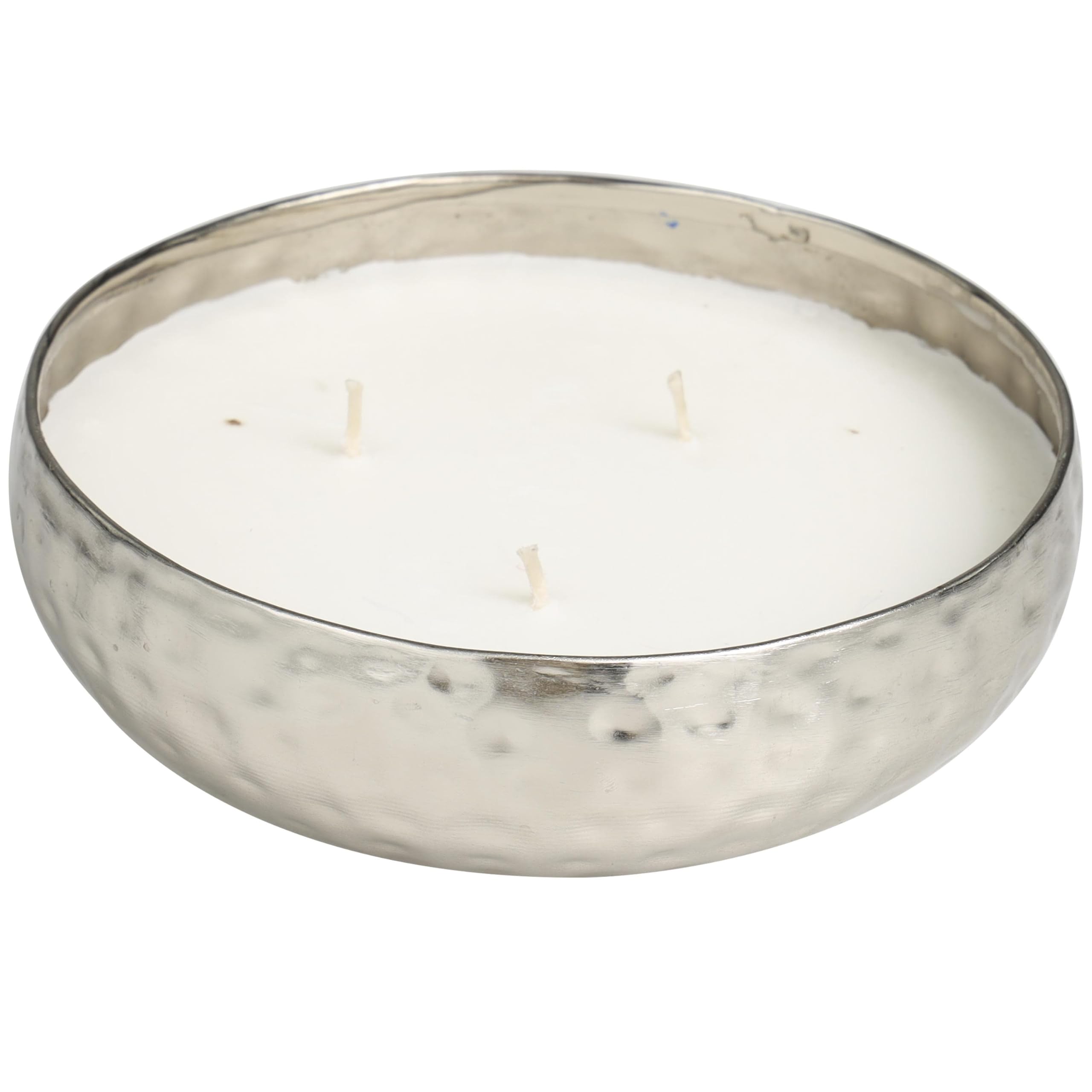 Deco 79 Metal Decorative Candle White Sage Scented Hammered 20 oz 3 Wick Aromatherapy Candle with White Wax, Wax Aromatherapy Candle 7" x 7" x 2", Silver