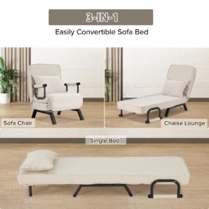 Convertible Sofa Bed Sleeper Chair,Single Person Chaise Lounge Couch with Pillow,Upholstered Lazy Bed with 6 Angles Adjustable Backrest,Folding Sofa Arm Chair for Apartment/Office/Home (Beige)