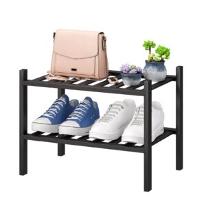 viewcare black small shoe rack for entryway,2-tier bamboo shoe organizer for hallway closet, free standing shoe racks for indoor outdoor