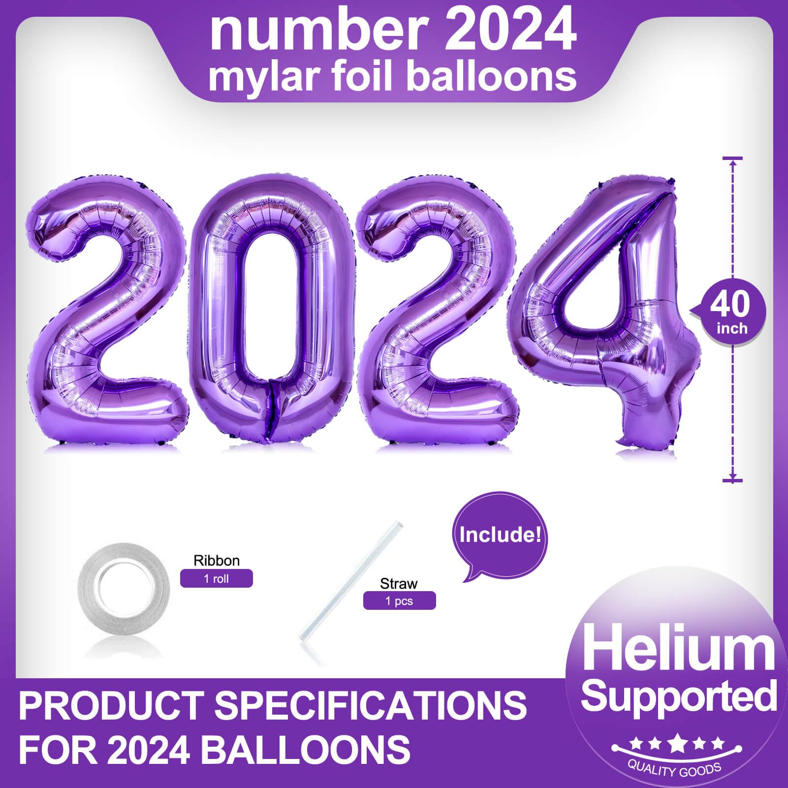 Gaint 40 Inch Purple 2024 Number Balloons 2024 Purple Balloons for 2024 New Year Eve Festival Graduation Party Decorations Supplies