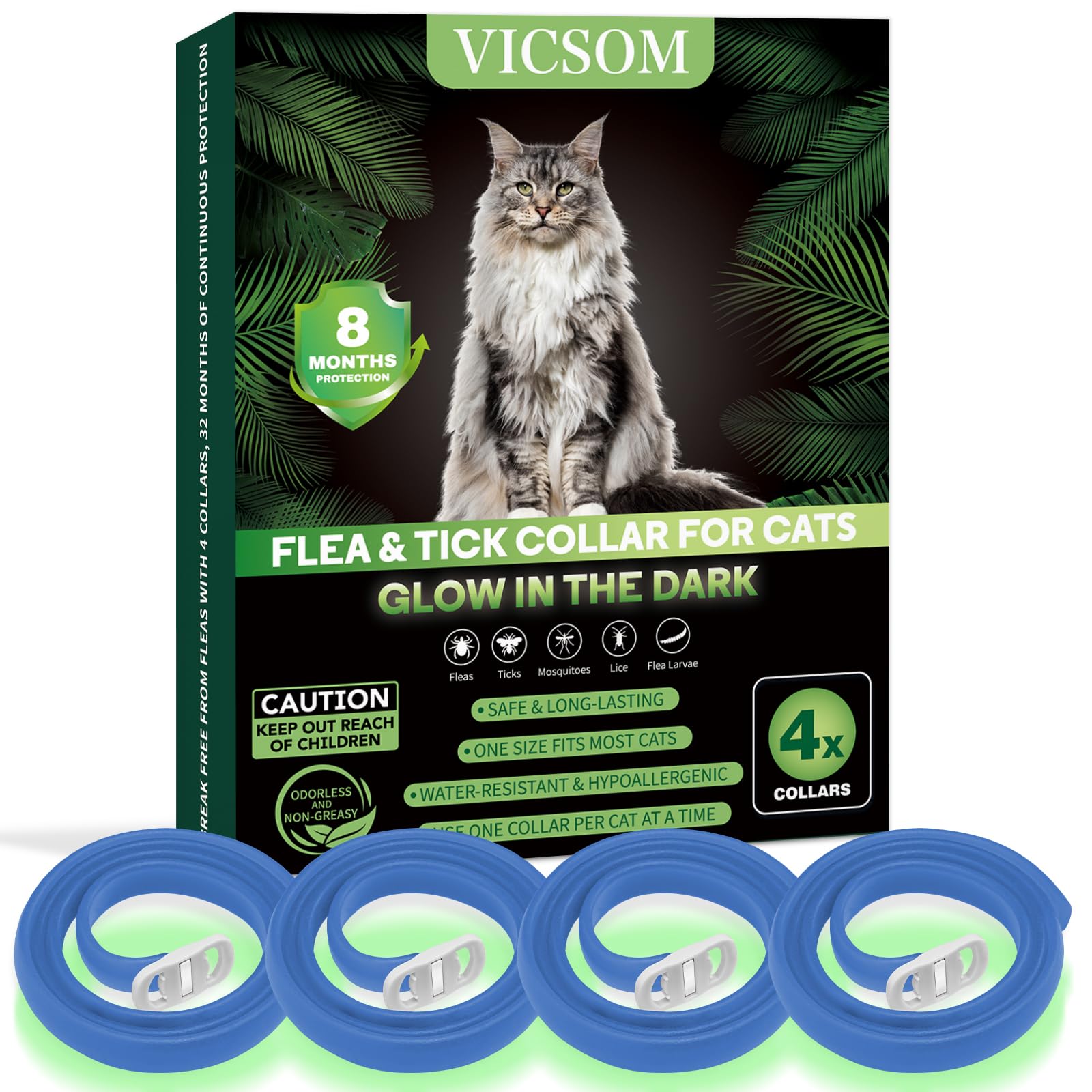 4 Pack Flea Collar for Cats, Cat Flea and Tick Collar Glow in Dark, 8 Months Prevention Cat Flea and Tick Treatment, Waterproof Adjustable Cat Flea Collar, Tick and Flea Collar for Kitten Cat, Blue