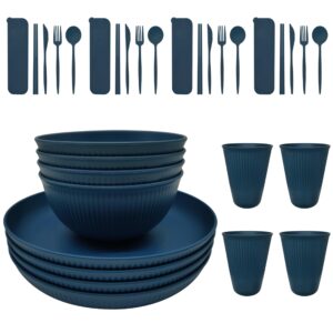 wheat straw plastic dinnerware set 32 piece unbreakable plates and bowls sets for 4 dishwasher microwave safe dinnerware sets (blue 32pcs)