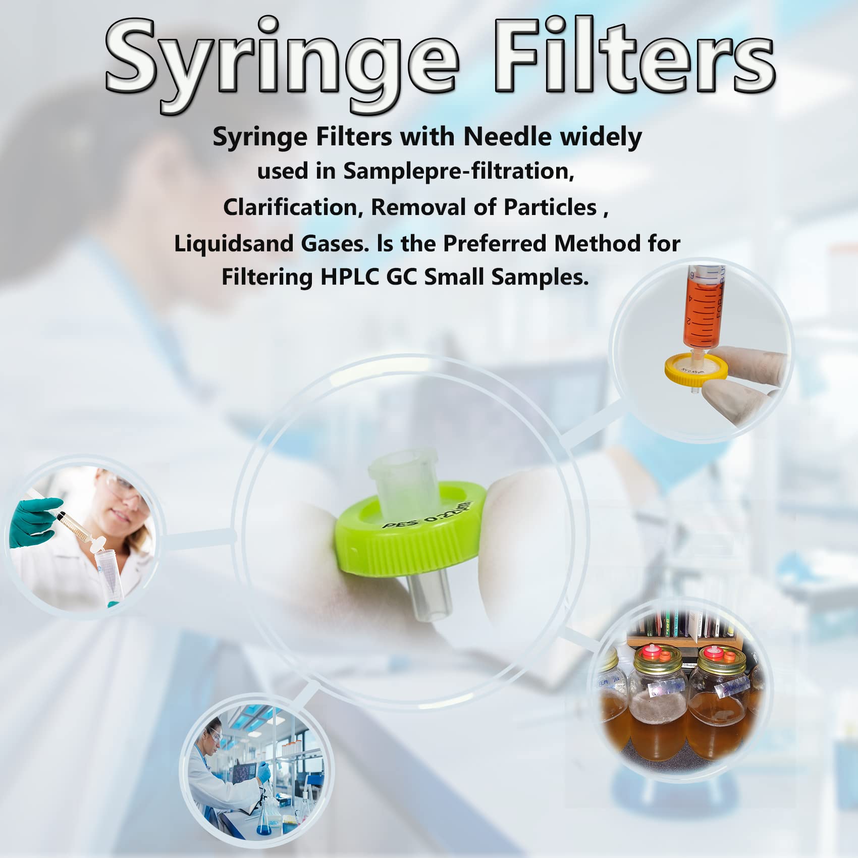 Syringe Filters PES Hydrophilic Filtration 0.45um 13mm Membrane Diameter Lab PES Membrane Disc Non-Sterile by Labfil, Pack of 100